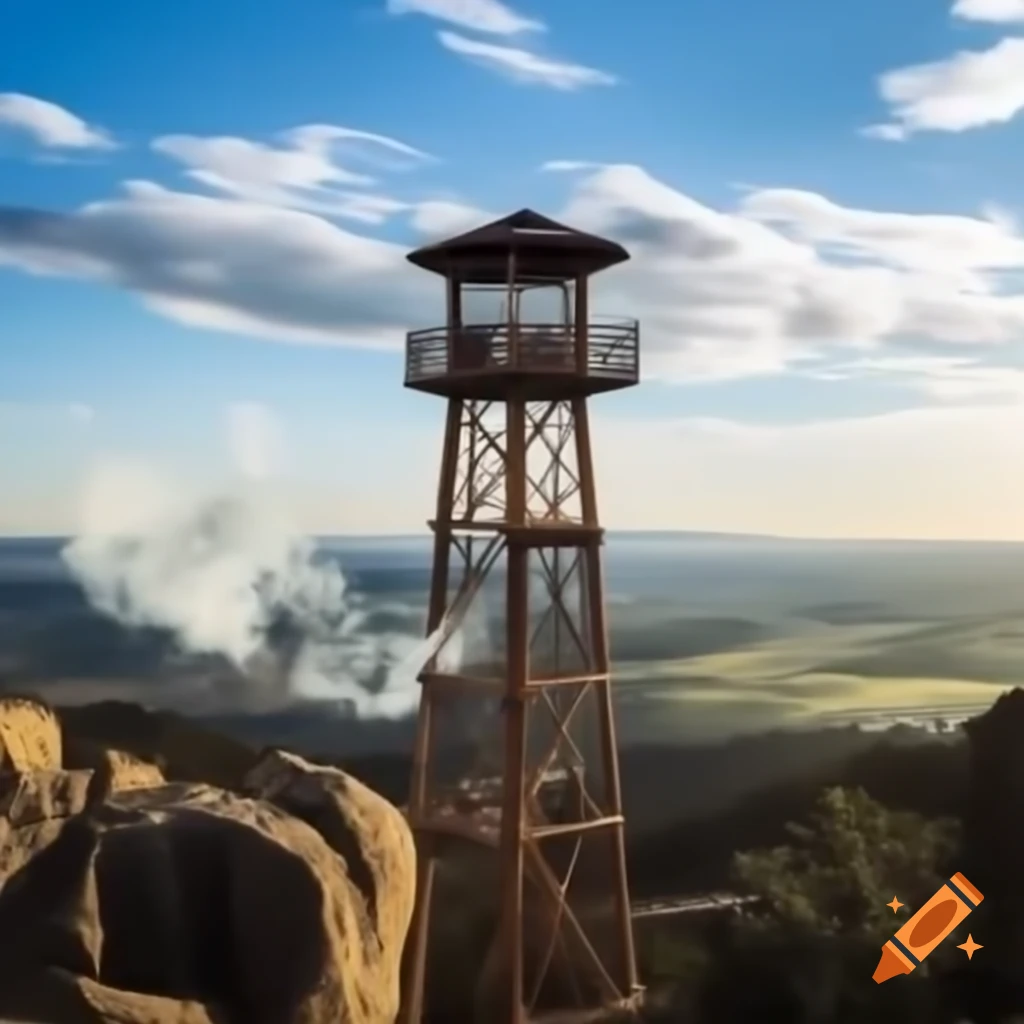 Watchtower overlooking valley with smoke forming the words 'smoke ...