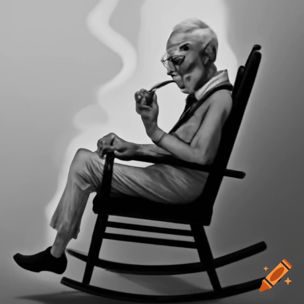Older man relaxing in rocking chair with pipe on Craiyon