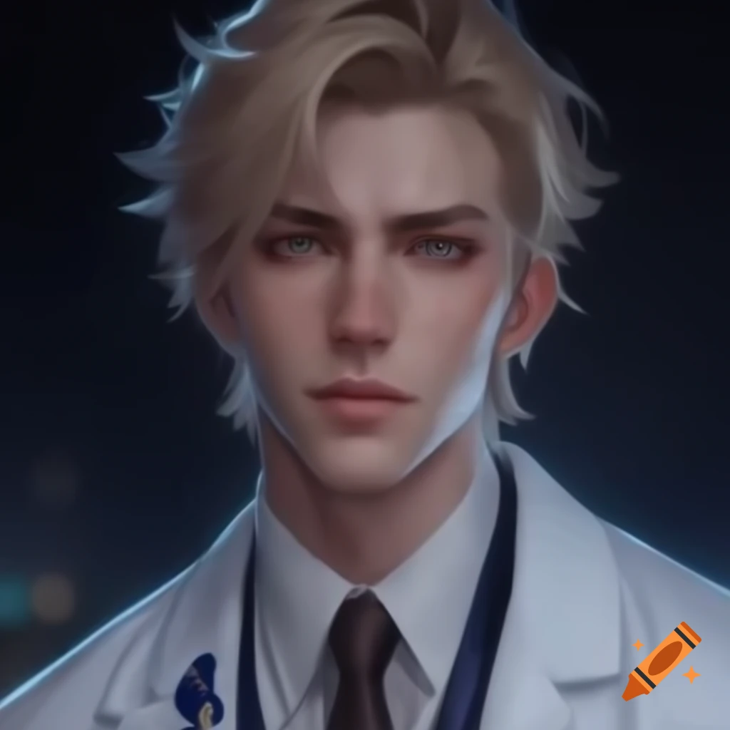 Realistic anime male scientist character with short blond hair and ...
