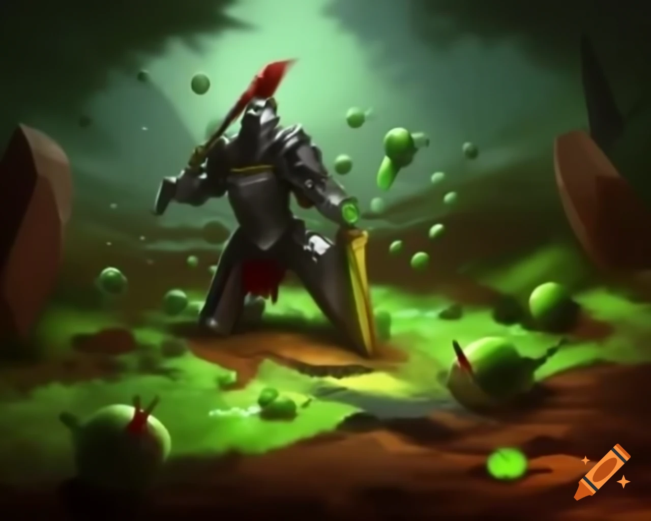 Knightly armor pieces scattered in vibrant slime landscape on Craiyon