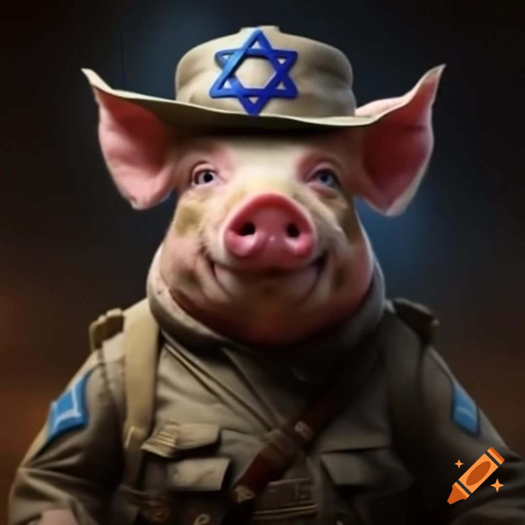 Pig wearing Israeli soldiers outfit with blue David star hat on Craiyon