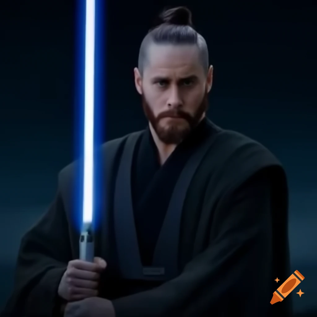 Jared Leto with buzzcut in Jedi robes holding a lightsaber on Craiyon
