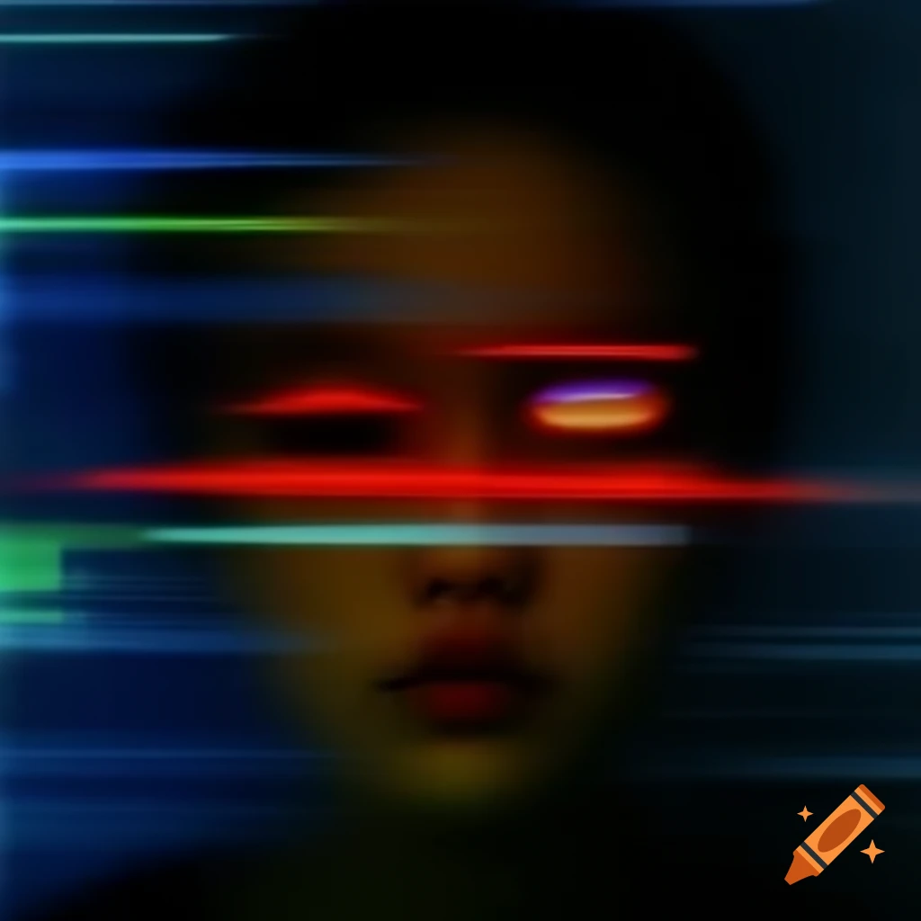 Close-up of a person's face with glitch art effects and vibrant colors ...