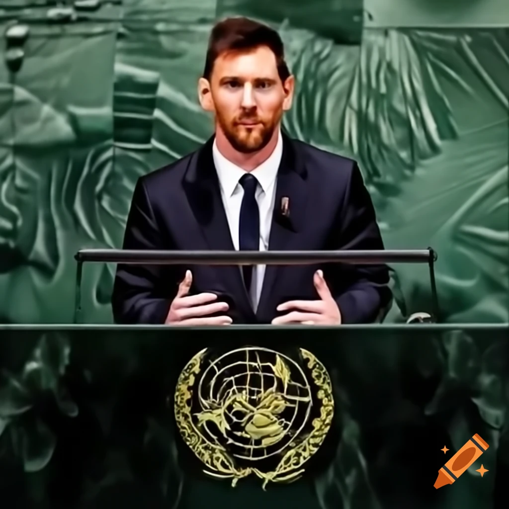 Lionel messi delivering speech at united nations on Craiyon