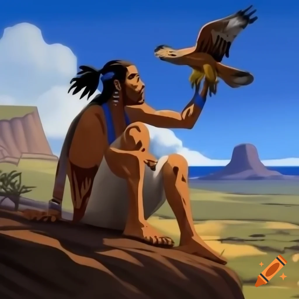 Tribal man with hawk on shoulder overlooking valley from mountain ...