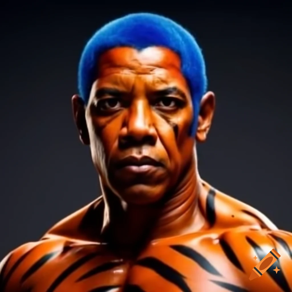 Muscular person with tiger-style makeup featuring blue hair and orange ...