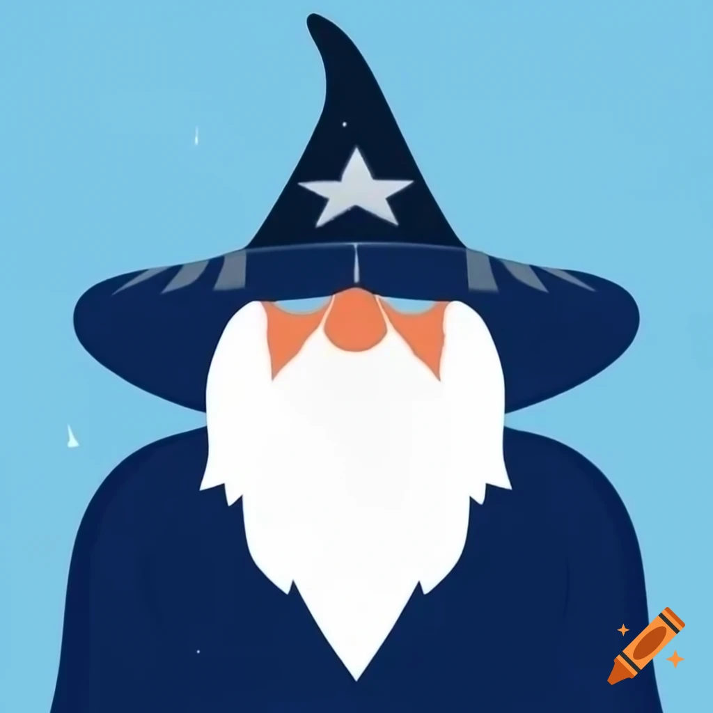 Wizard with white beard in navy blue cloak and pointed hat adorned with ...