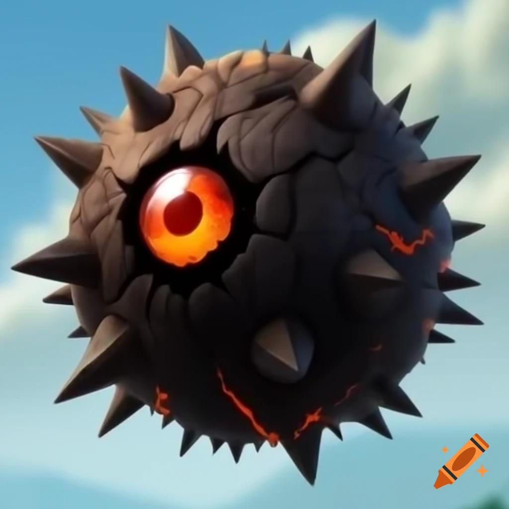 Spiky spherical creature resembling a Pokemon with black lava rock skin ...