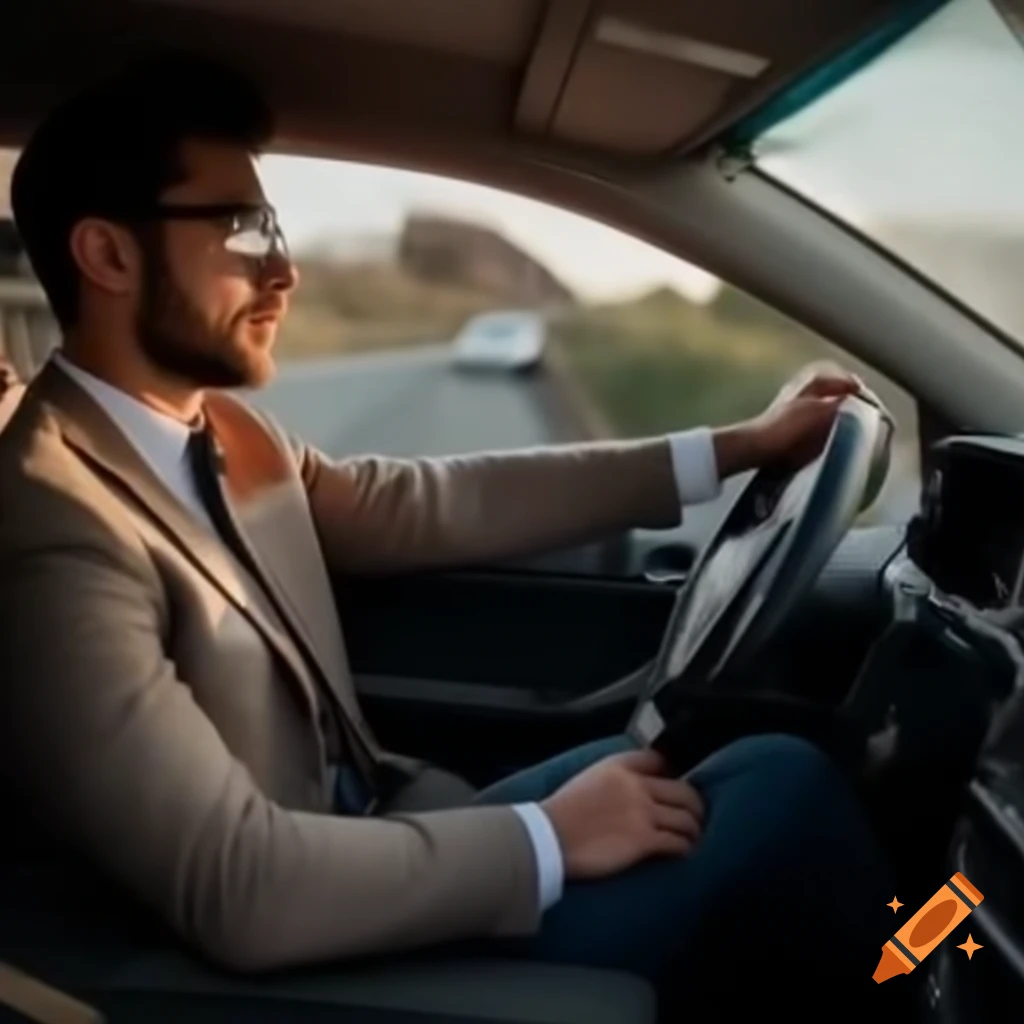 Handsome man driving luxury car on highway on Craiyon