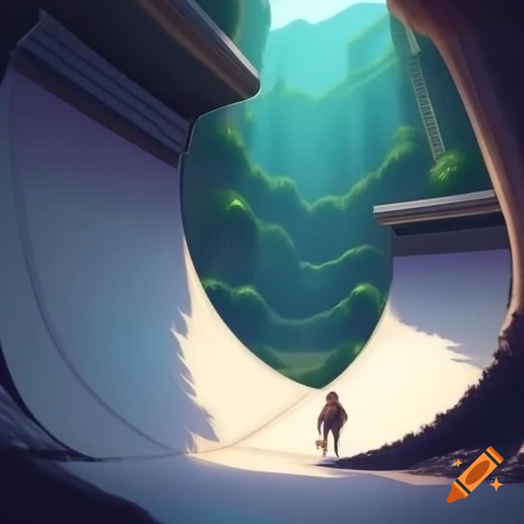 Skater observing steep skateboard ramp against breathtaking landscape ...