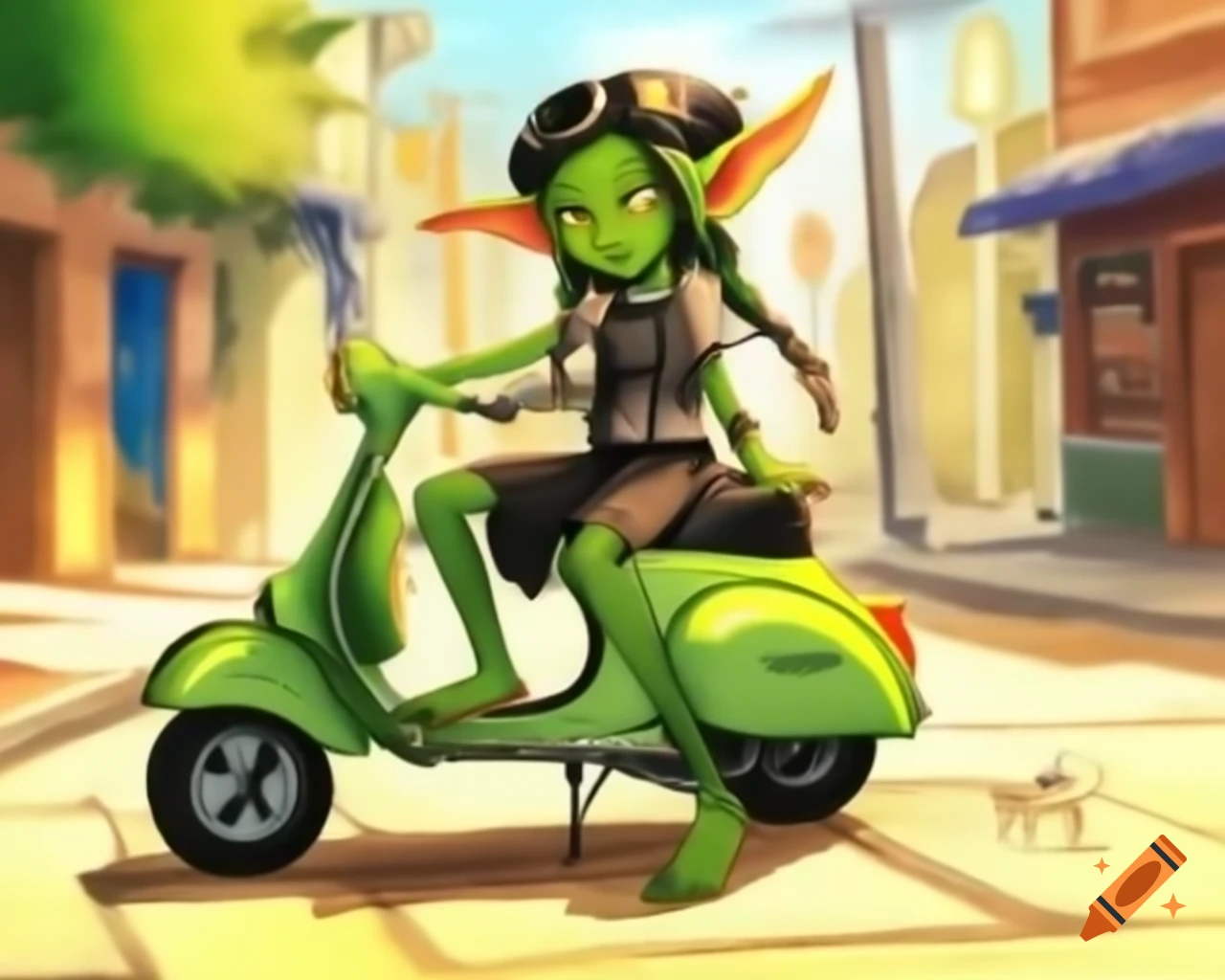 Anime goblin girl in punk attire riding a vespa on a sunny street on ...