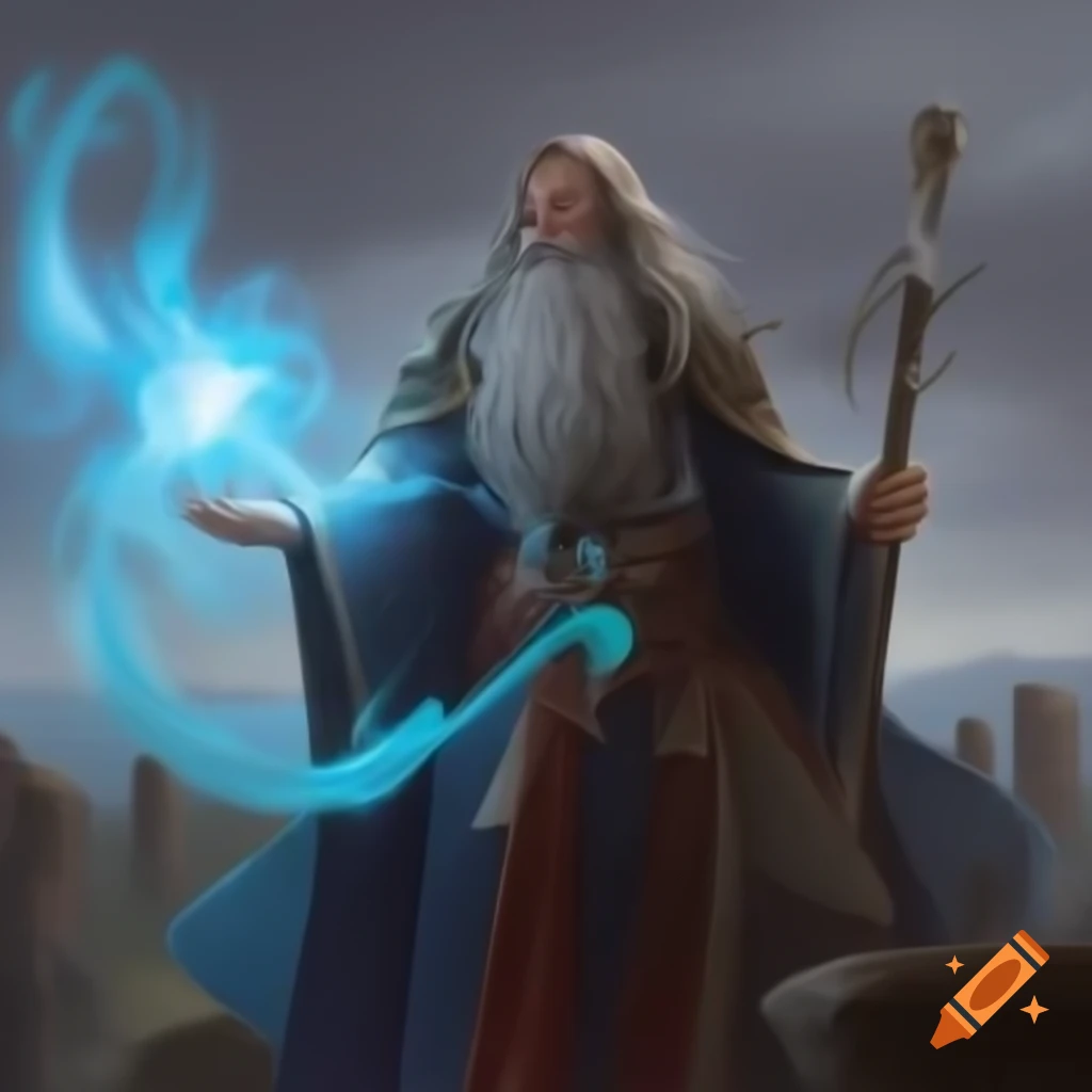Old mage casting spell across vast plain in realistic fantasy style on ...