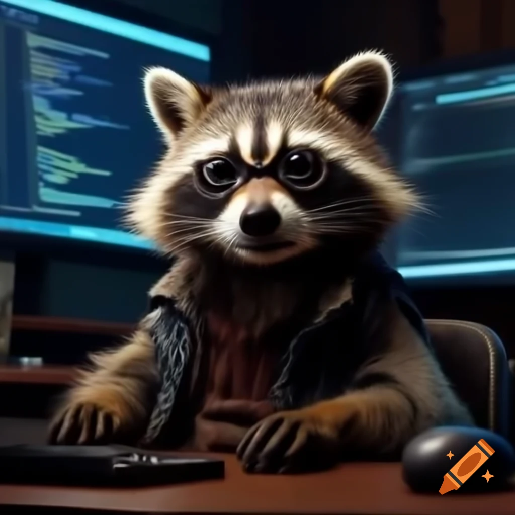 Raccoon wearing glasses typing at a computer with code on screen on Craiyon