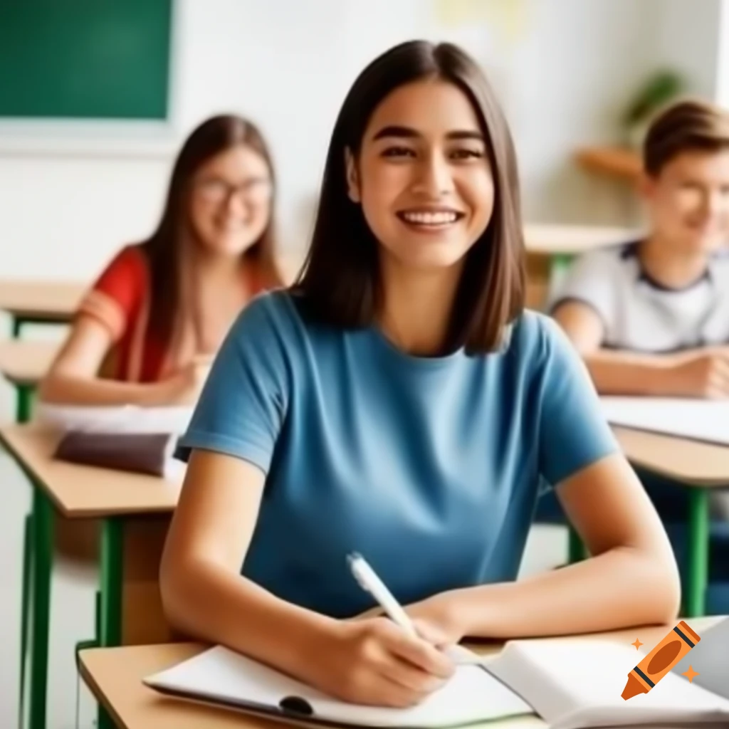 Latina student smiling in university classroom with desks on Craiyon
