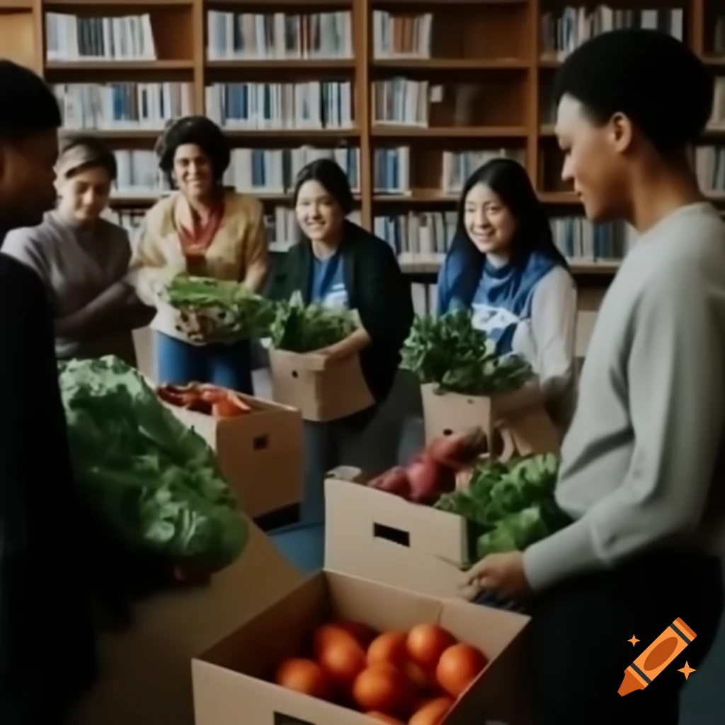 Volunteer food bank distributing fresh produce in a library setting on ...