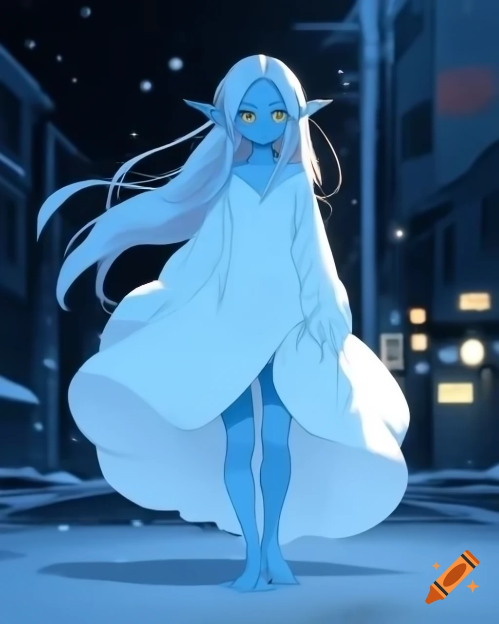 Pale blue-skinned elf girl in white nightgown floating over snowy ...
