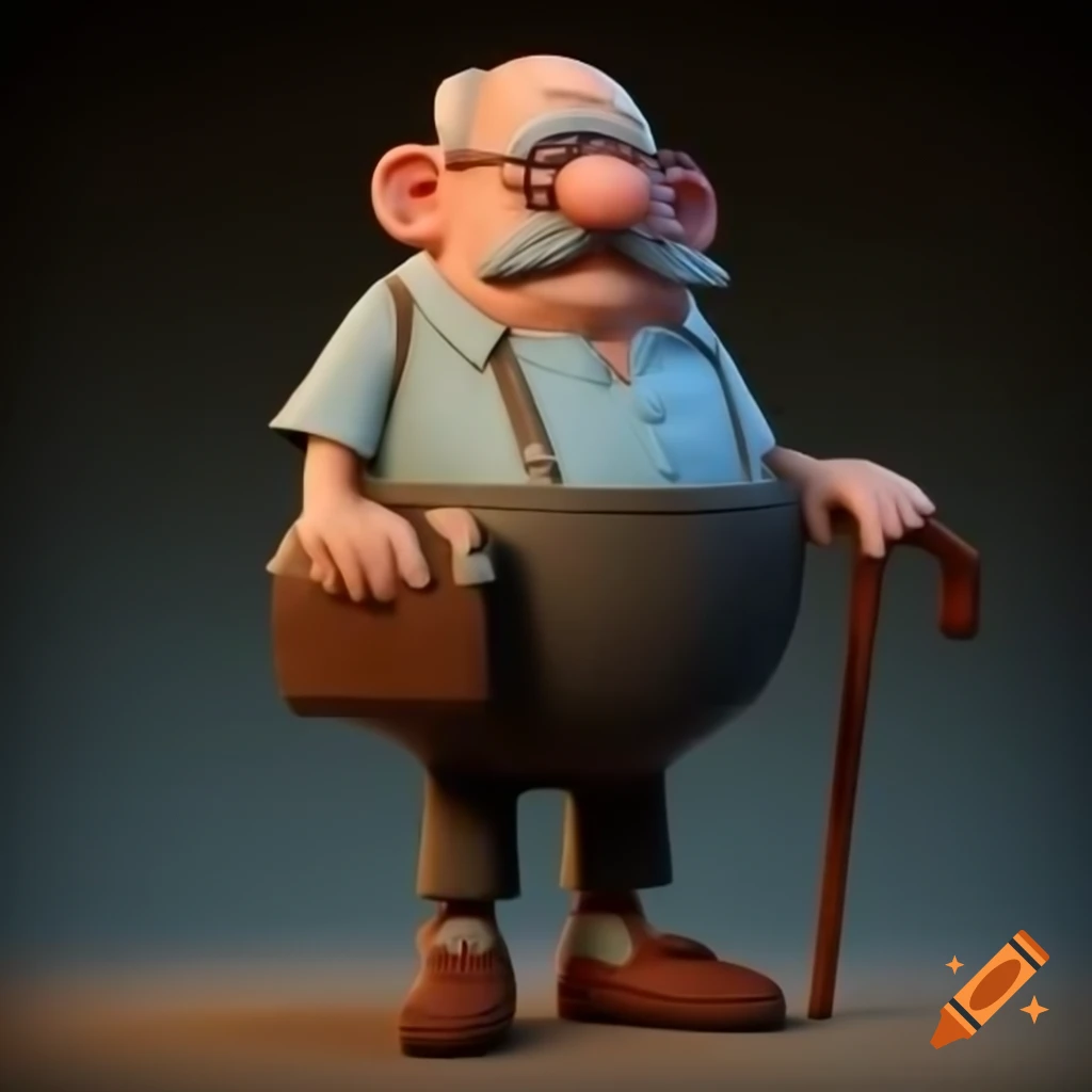 3D cartoon character of tall elderly man with curly gray hair and ...
