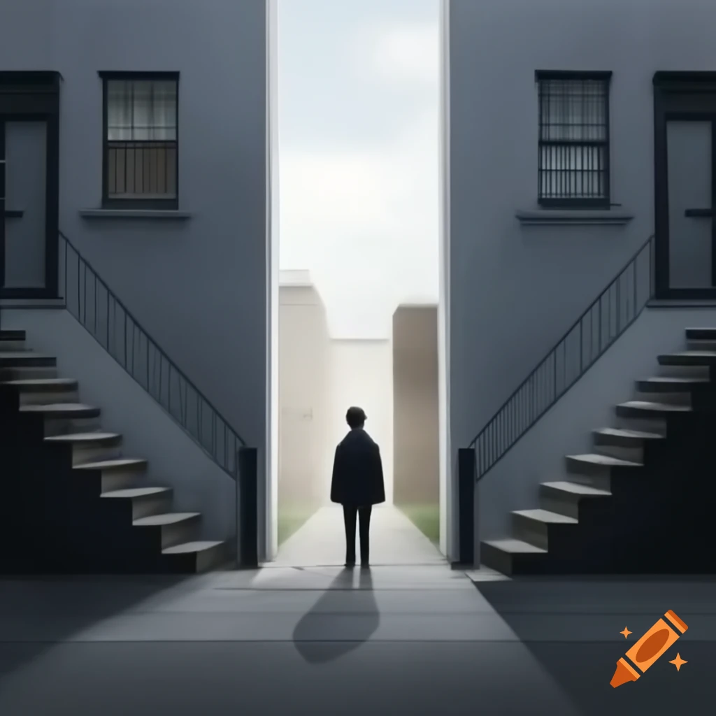 Individual at crossroads with two distinct paths and doors, one leading ...