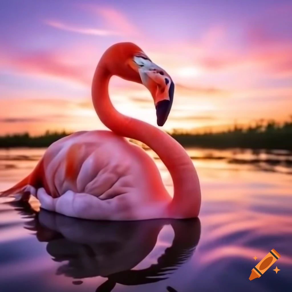 Flamingo portrait in shallow lake at sunset with soft purple sky on Craiyon