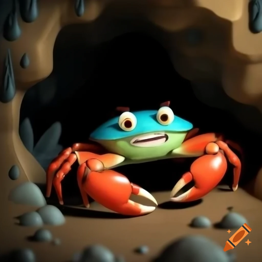 Retro 80's style mutant crab emerging from cave on Craiyon