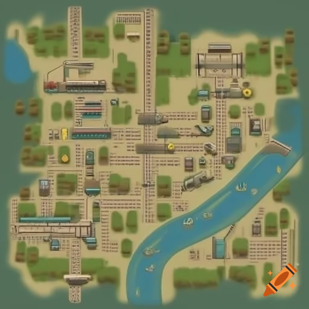 Detailed map of a town featuring traffic lights, bus stops, bridges ...