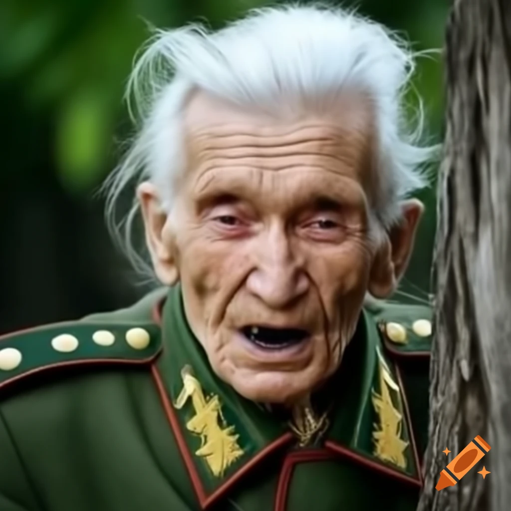 Retired russian army general with white hair and black eyes looking up a tree on Craiyon