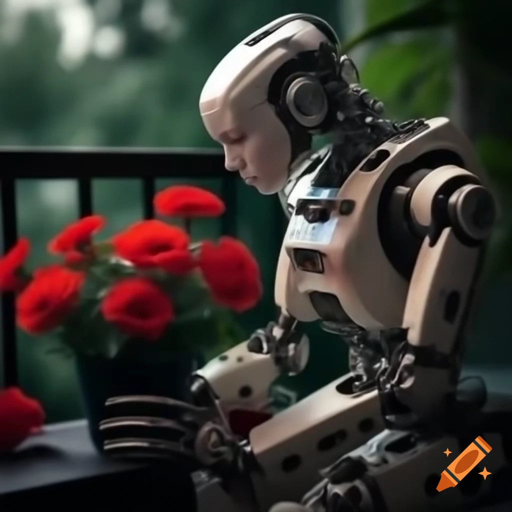 Robotic arm watering vibrant red flowers on a tranquil balcony on Craiyon
