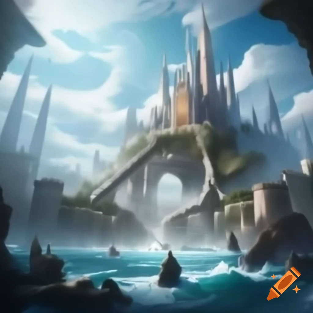 Magnificent fantasy city with silver marble castle surrounded by sea on ...