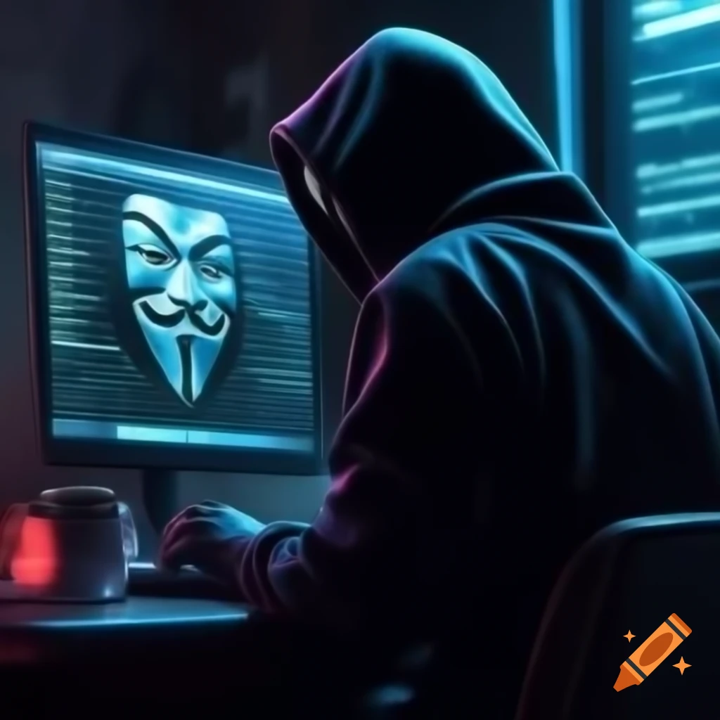 Mysterious hacker in dark room with hoodie and anonymous mask, focused ...