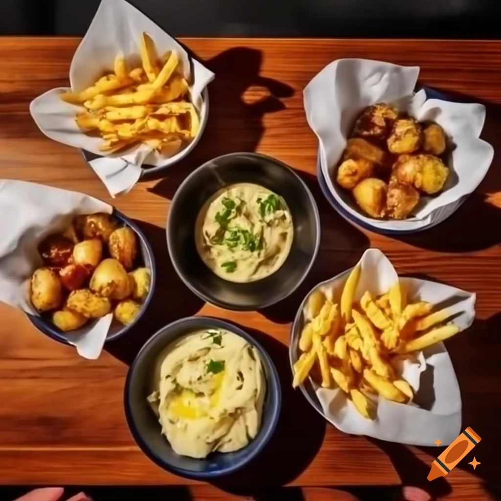 Variety of cooked potatoes served in different styles including fries ...