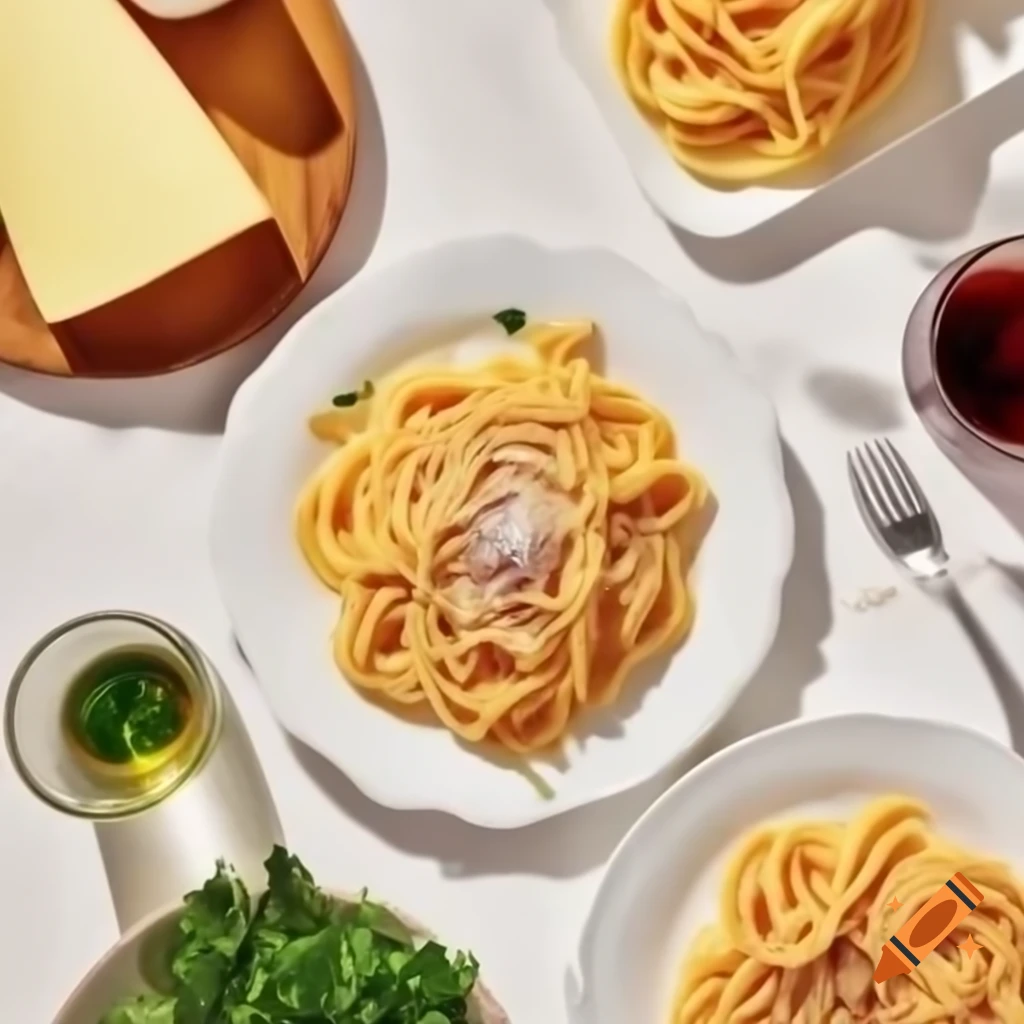 Ingredients for pasta arranged in a circle: long pasta, heavy cream, butter, parmesan cheese ...