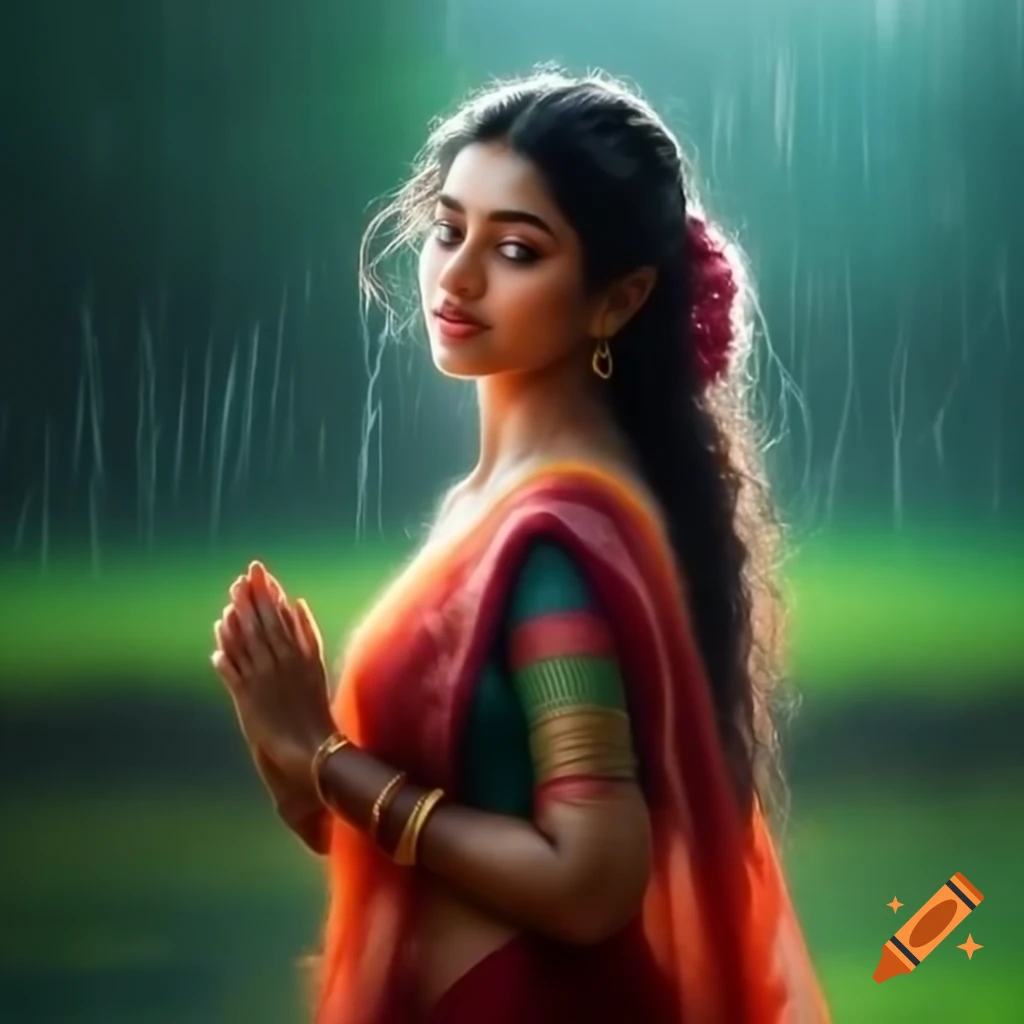 Indian woman in traditional saree standing in the rain with vibrant ...