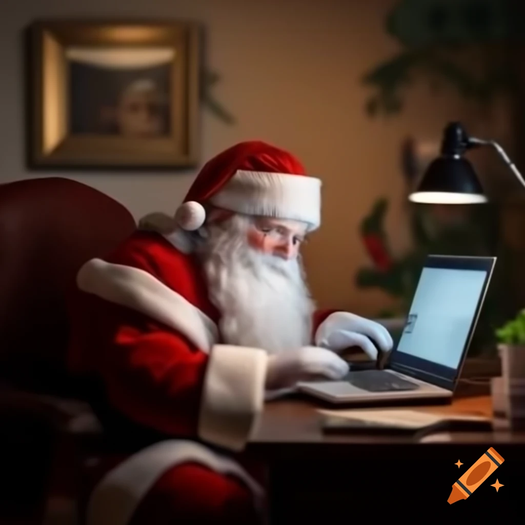 Santa Claus using computer at desk in cozy room on Craiyon
