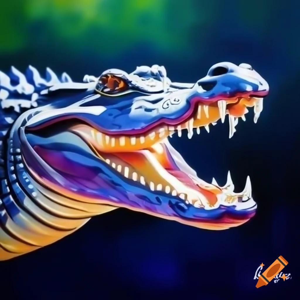 Vibrant violet caiman with sharp teeth and gleaming eyes on Craiyon