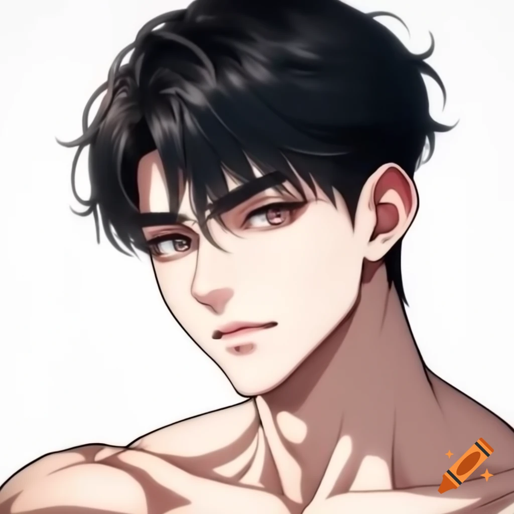 90s korean anime character with short perm black hair and large muscles ...