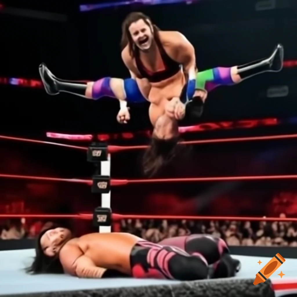 Wrestler jumping off top rope in WWE ring slamming onto follow button ...