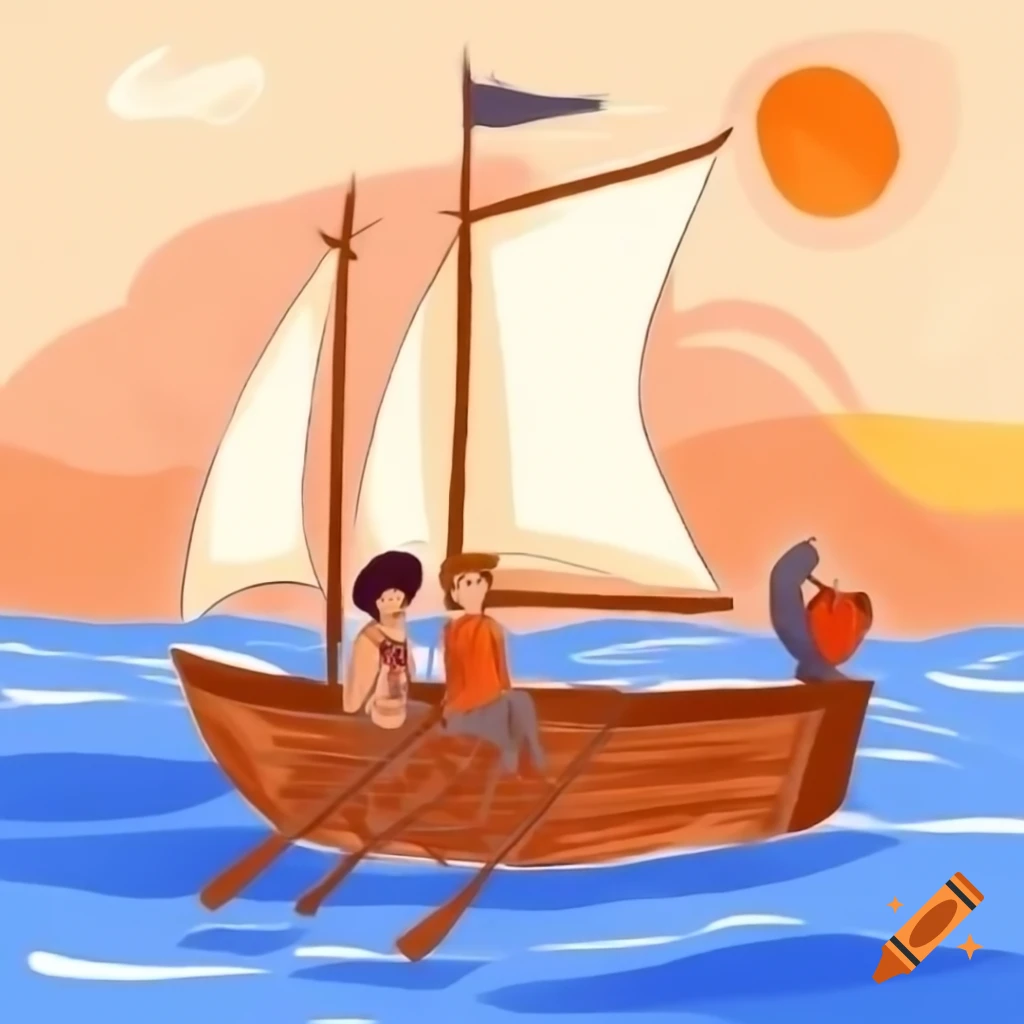 Whimsical boat sailing toward vibrant sunset with figures enjoying a ...