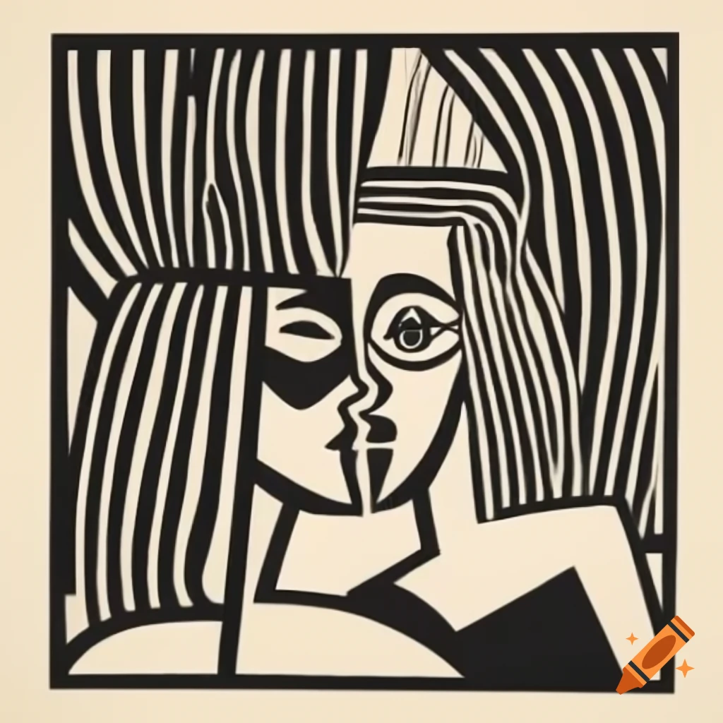 Modern linocut print with bold geometric shapes and abstract forms on ...