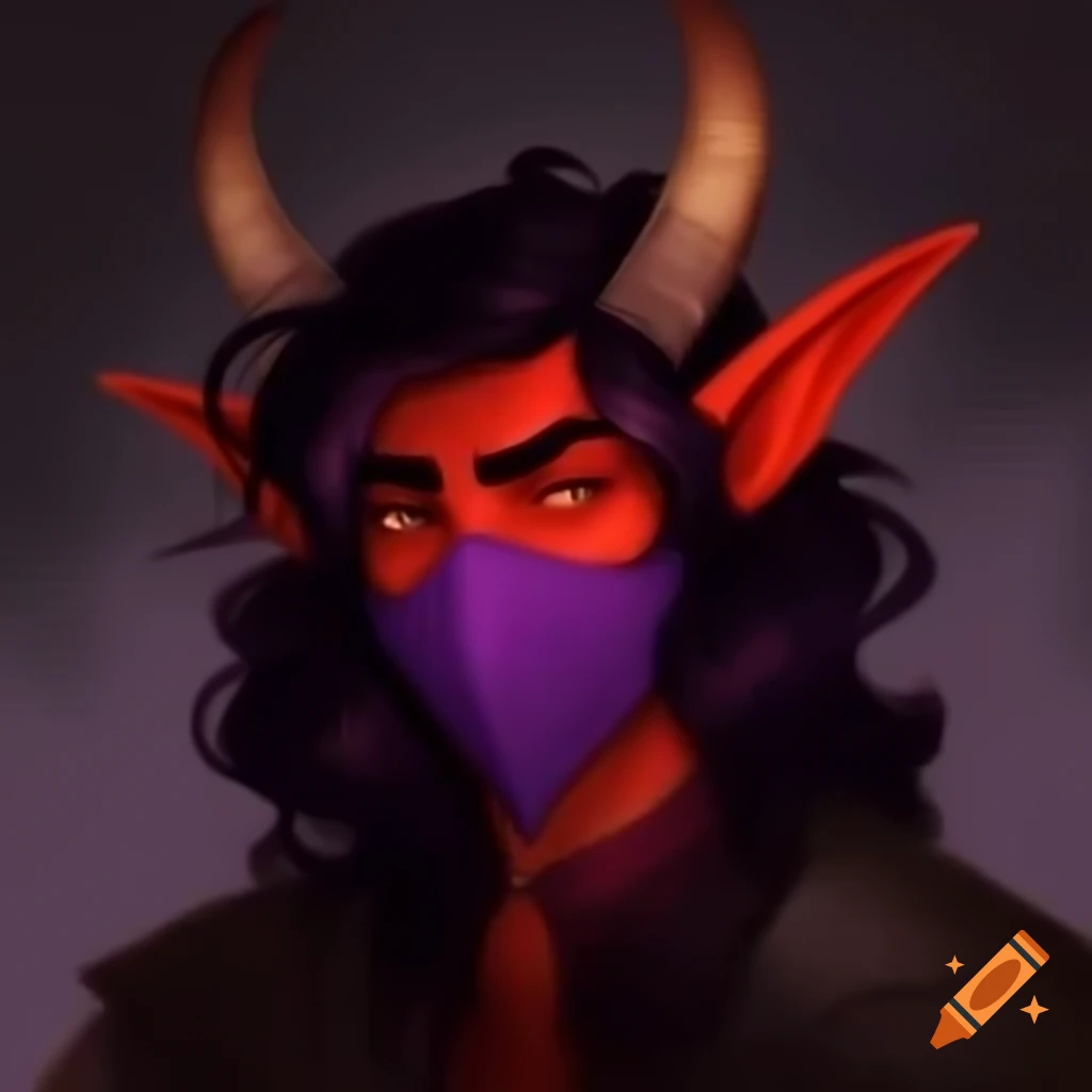 Red male tiefling with horns and purple mask, mature character design ...
