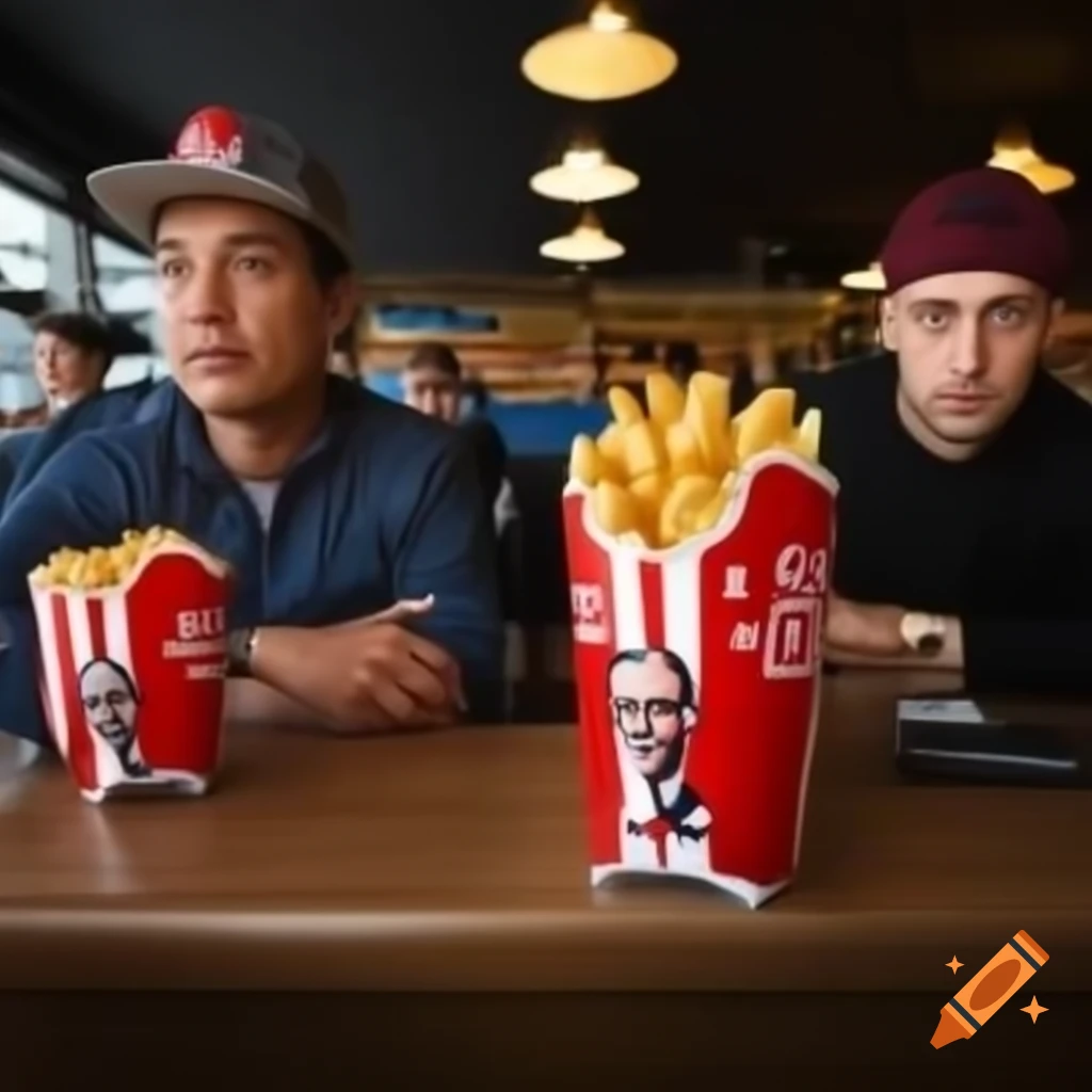 Man enjoying KFC meal with drinks and fries at a cafe surrounded by ...