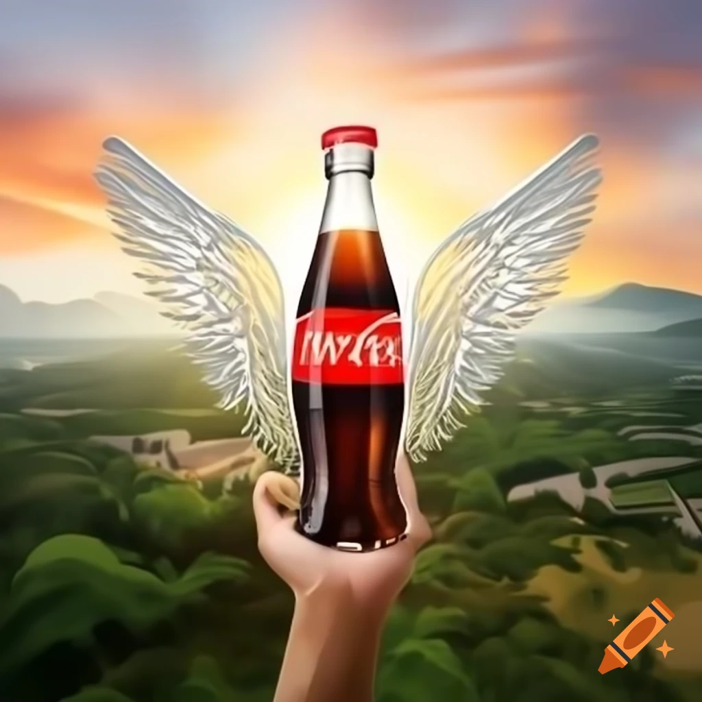Coca-Cola bottle with wings soaring over Thailand landscape at dawn on ...