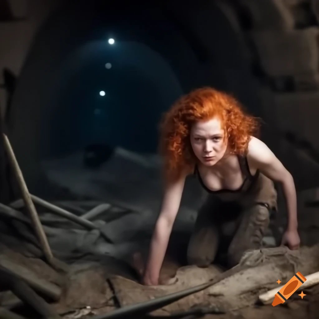 Nerdy redhead woman crawling through dusty crypt with rubble and bones, lighting path with match ...