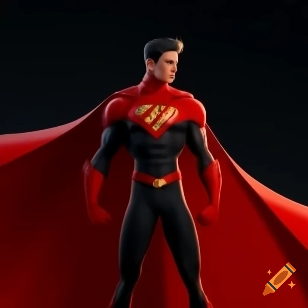 Tall superhero in red and black costume on Craiyon