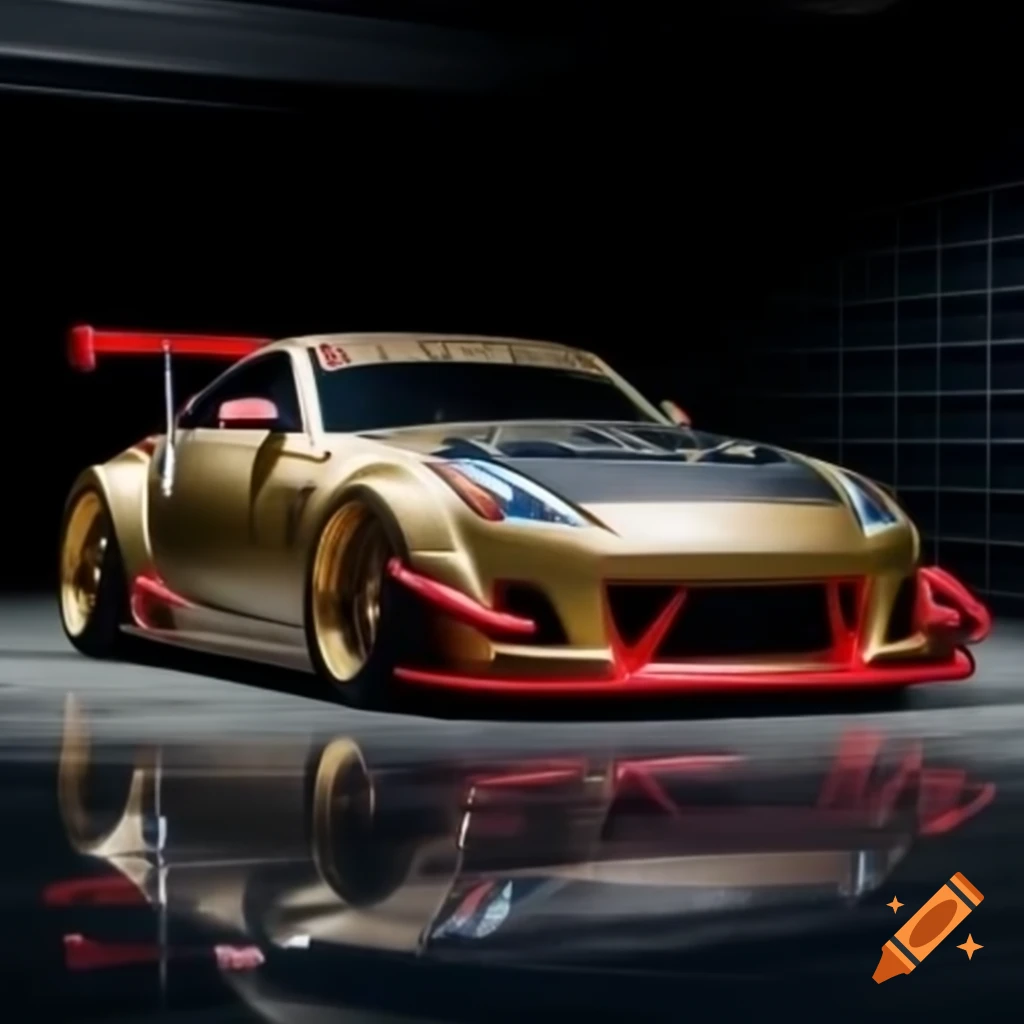 350z sports car with rocket bunny body kit in ironman red, gold, and silver on Craiyon