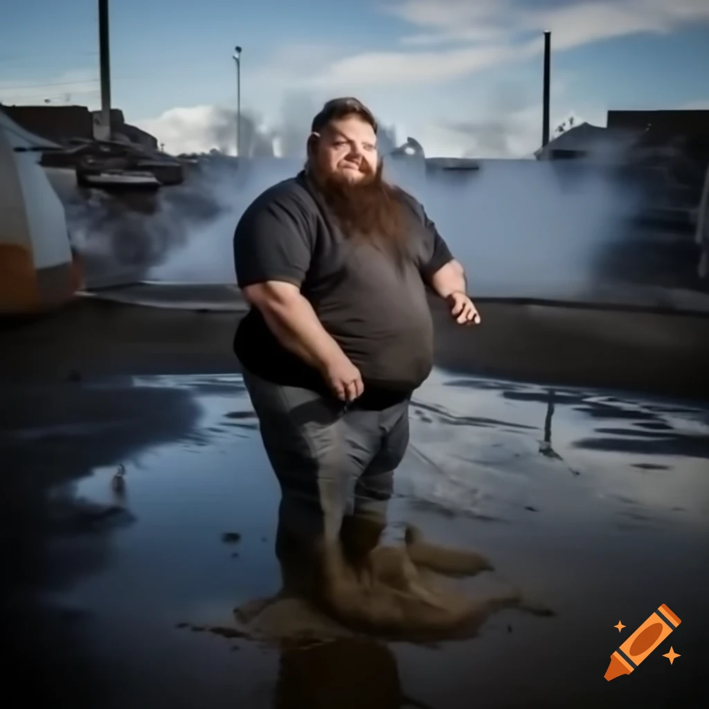 Overweight man with beard standing in steaming mud at construction site ...
