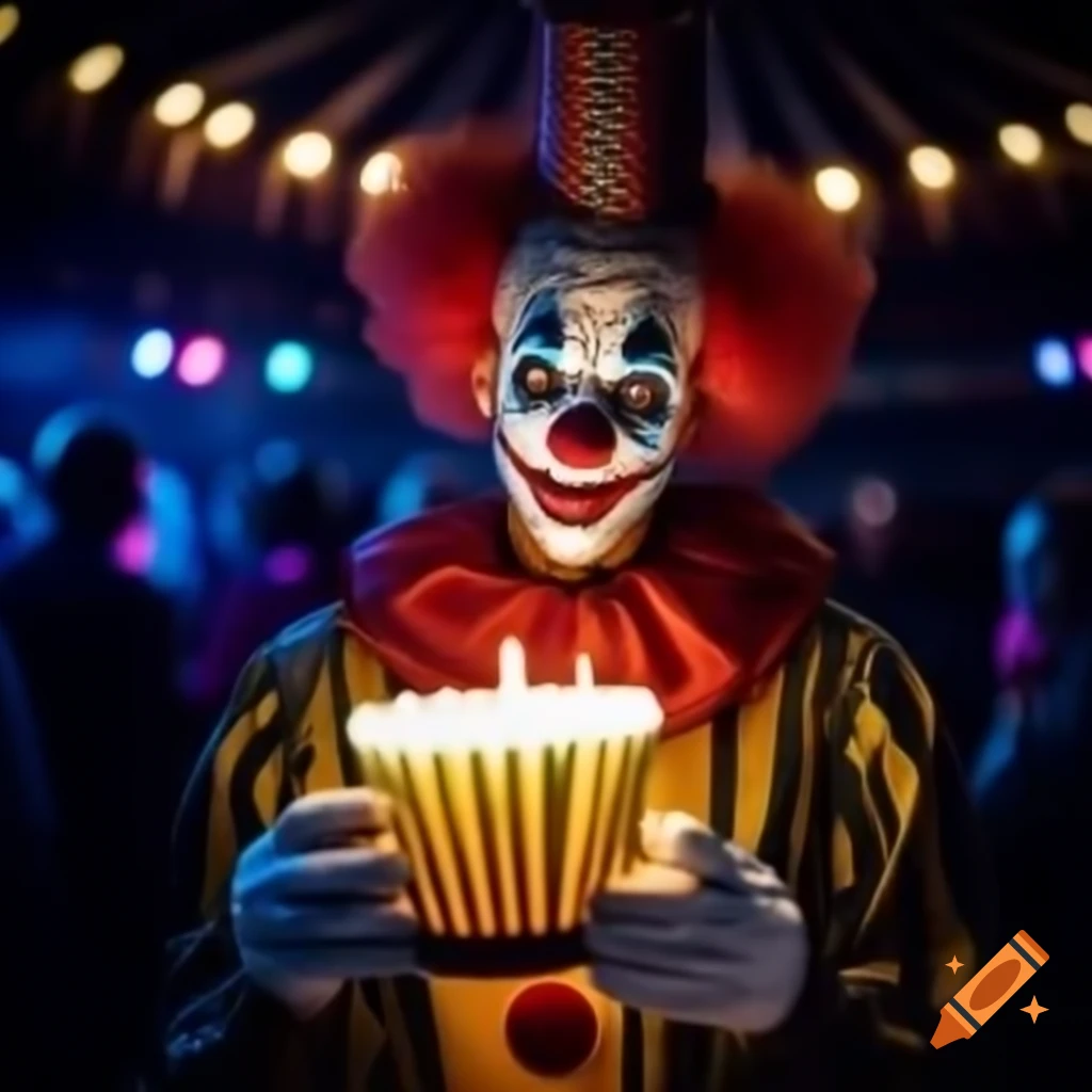 Scary circus clown holding a lit match at a disco on Craiyon