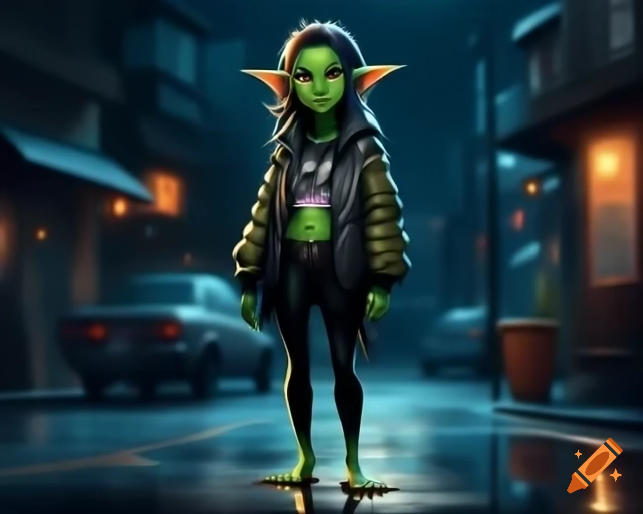 Anime goblin girl in punk attire on rainy street at night on Craiyon