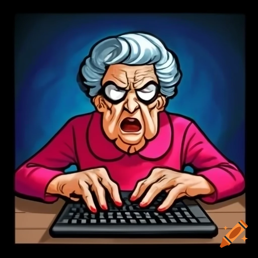 Pop art depiction of an angry old woman typing on a keyboard on Craiyon