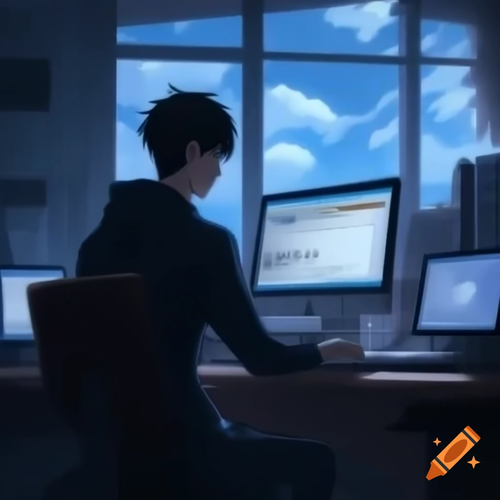 Guy doing computer science PhD research in university room, 2D anime ...