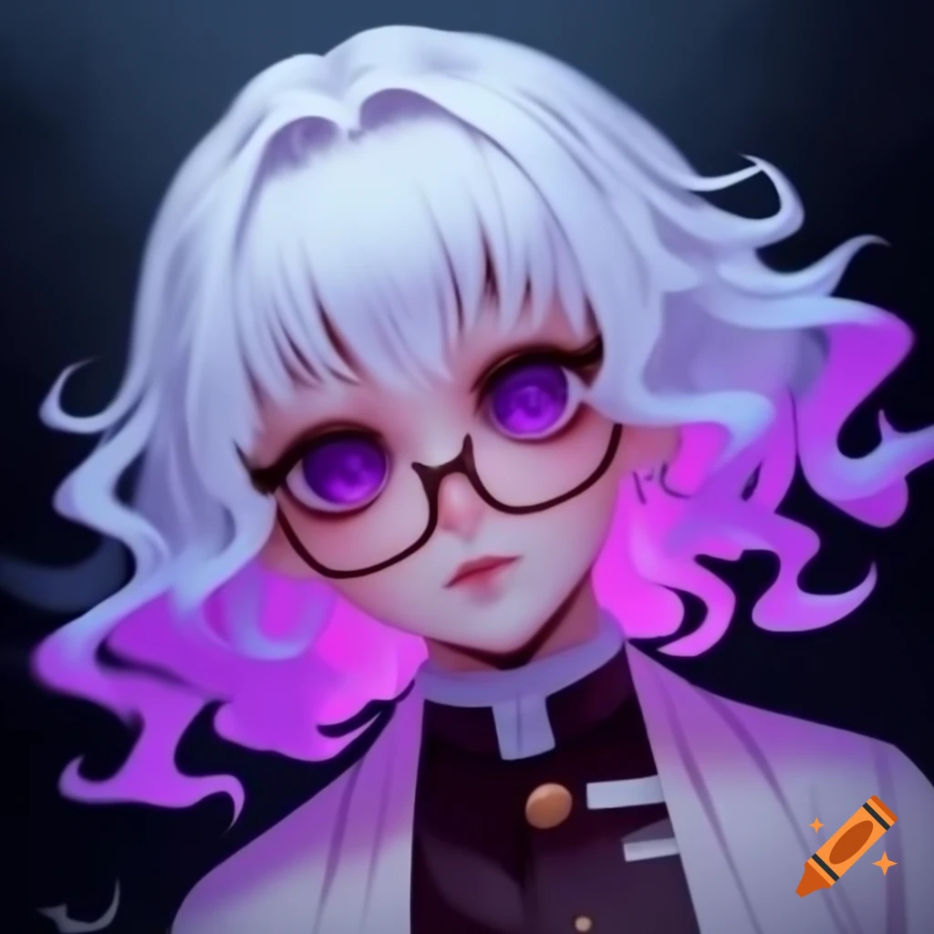 Fierce demon slayer girl with white curls and purple eyes embracing ...